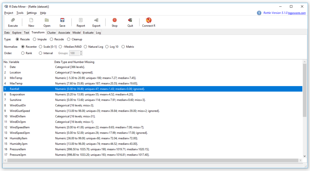 Rattle Transform Tab | r4stats.com